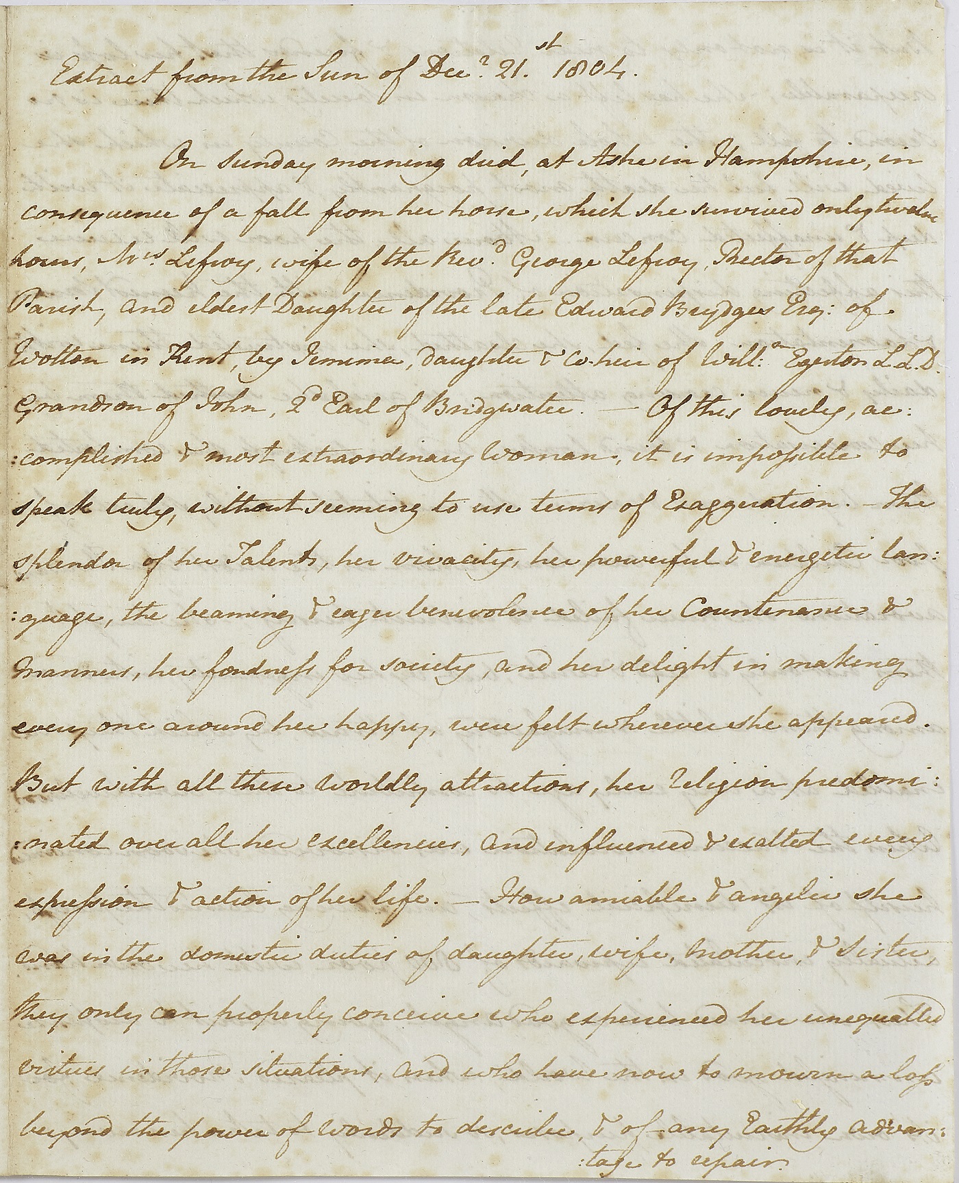 Obituary for Mrs Anne Lefroy, 21 December 1804 | Jane Austen's House